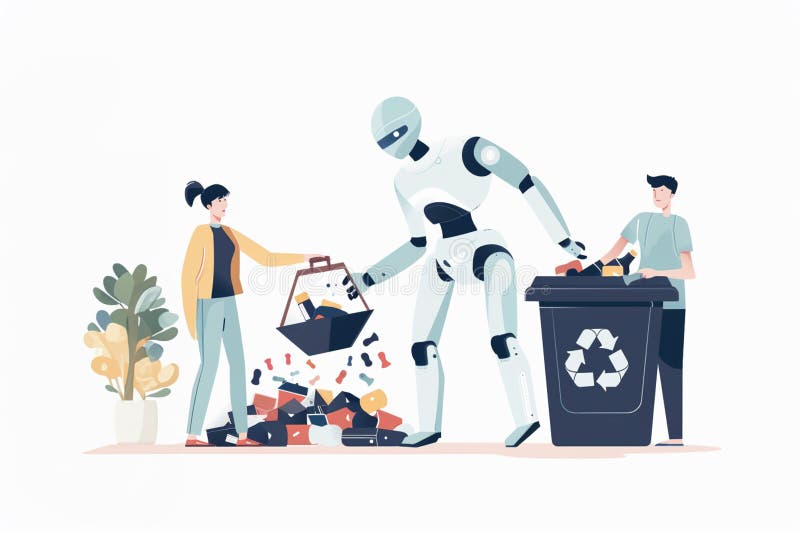 Robot and People Sorting Garbage. Human and Robot Collaboration ...