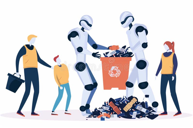 Robot and People Sorting Garbage. Human and Robot Collaboration ...