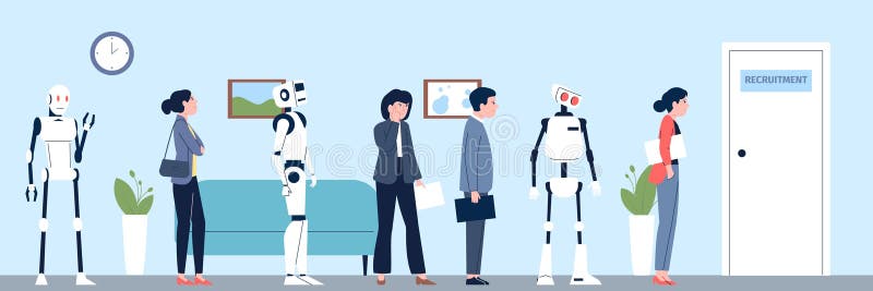 Robot and People Waiting Job Interview in Office. Robots Vs Human ...