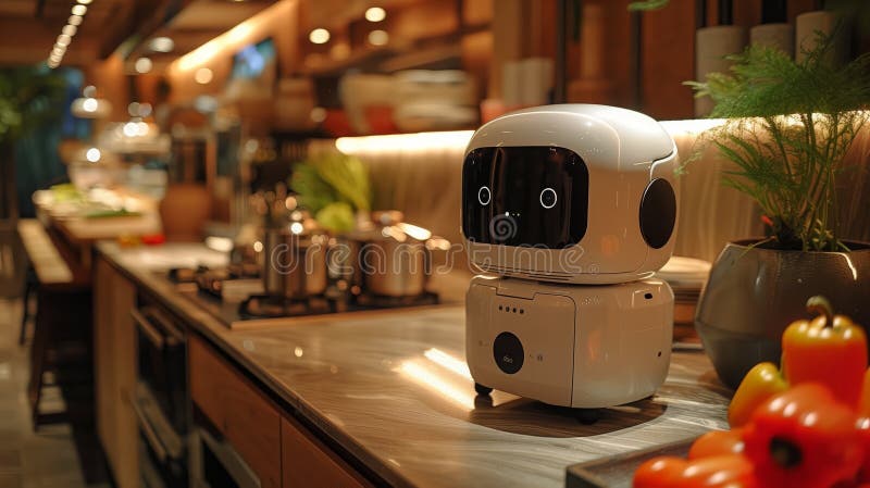 Futuristic Kitchen with Cityscape View and Modern Appliances Stock ...