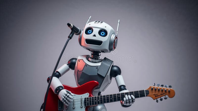 Robot Performing Rock Music with Electric Guitar and Microphone Stock ...