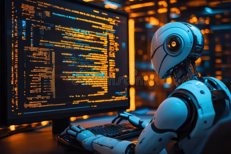 Robot Performs Programming Tasks on a Computer Screen in a Futuristic Setting Stock Image ...