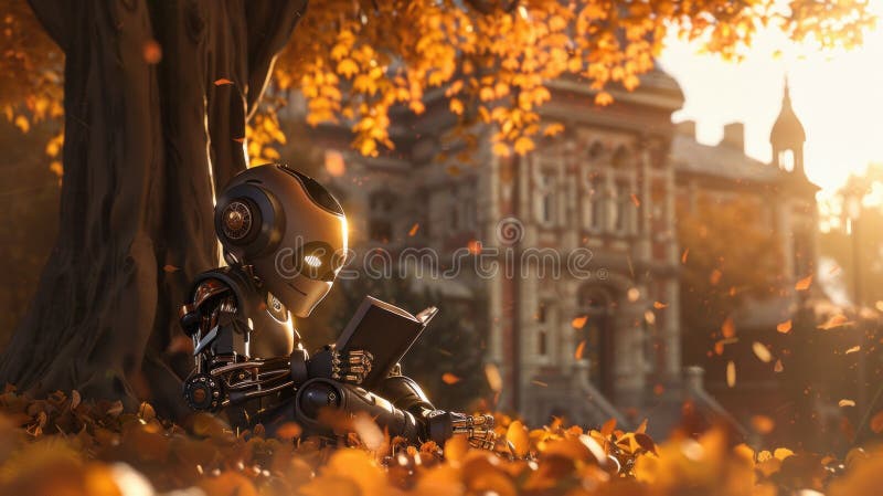 Robot Philosopher Reading Under a Tree in Autumn. Generative Ai Stock ...