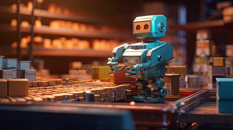 Robot Pick Up Box on the Conveyor Belt in the Factory. Artificial ...