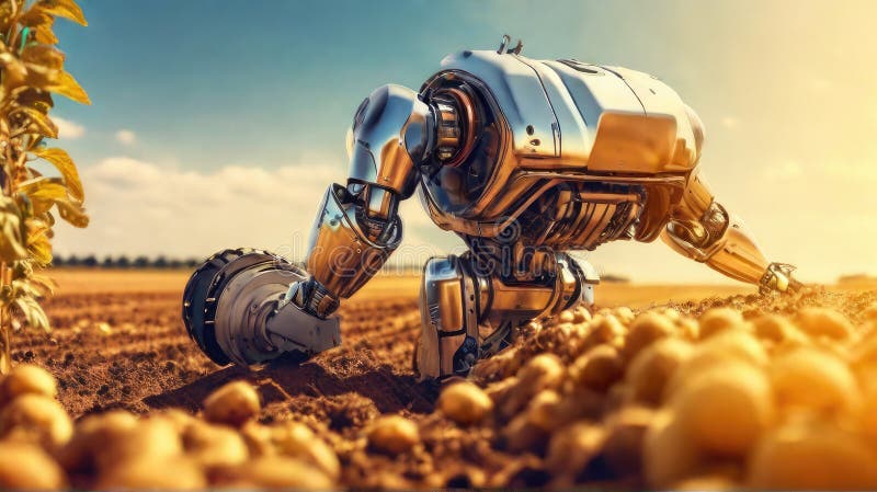 Robot Picking Vegetables on a Field. Smart Farm Work Stock Illustration ...