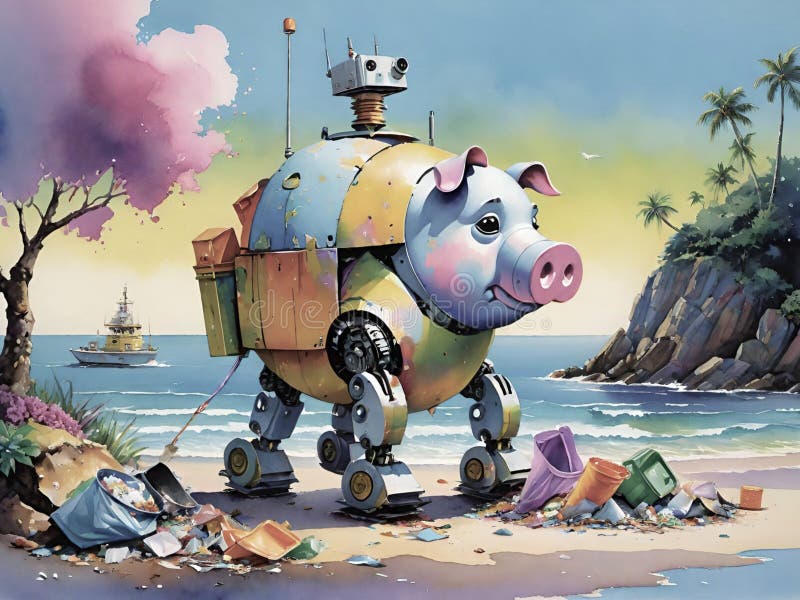 A Robot Pig Collects Trash on an Island Beach in Summer. Stock ...