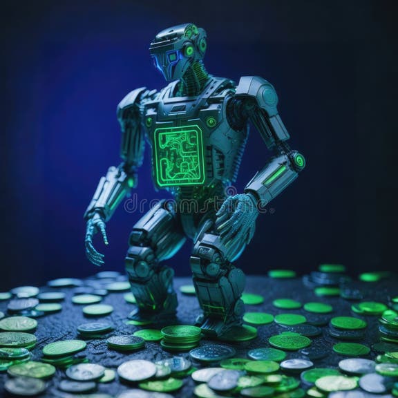 Robot on a pile of coins stock illustration. Illustration of artificial ...