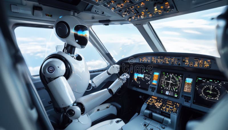 A Robot Pilot in an Aeroplane Performs Air Traffic Control Stock Photo ...