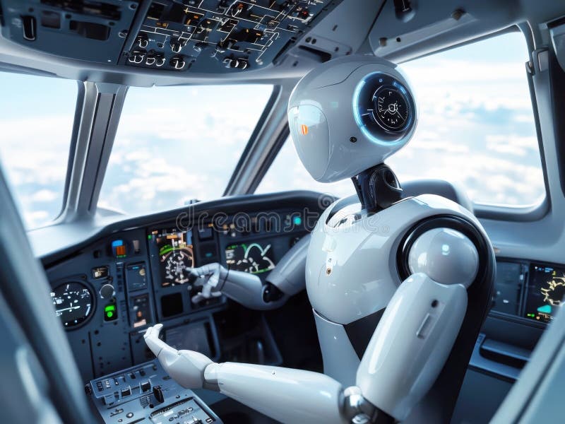 A Robot Pilot in an Aeroplane Performs Air Traffic Control Stock Photo ...