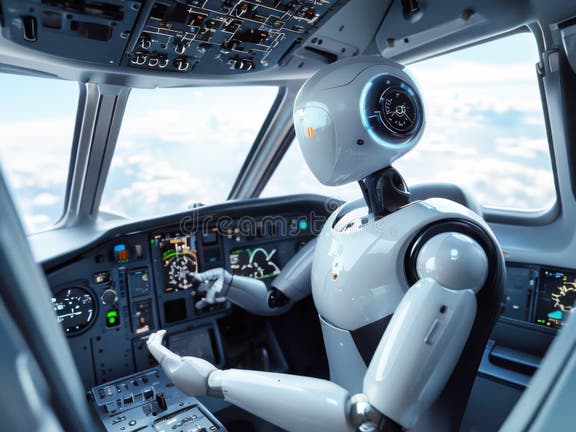 A Robot Pilot in an Aeroplane Performs Air Traffic Control Stock Photo ...
