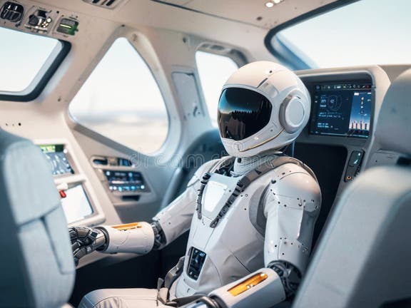 A Robot Pilot in an Aeroplane Performs Air Traffic Control Stock Photo ...