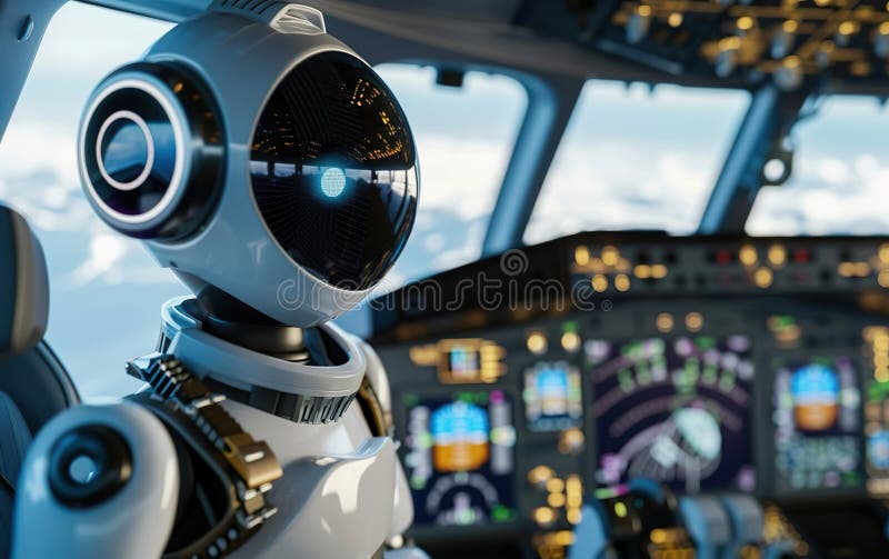 Robot Pilot Assistant on a Plane, Copy Space. AI Centered World Concept ...