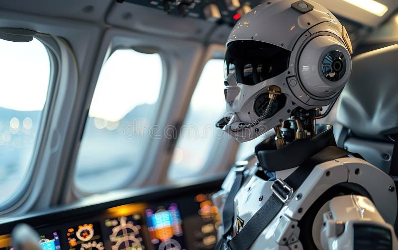 Robot Pilot Assistant on a Plane, Copy Space. AI Centered World Concept ...