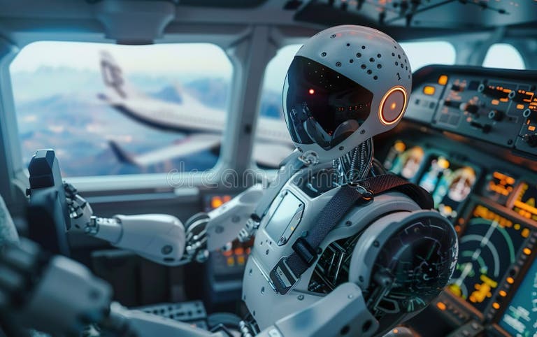 Robot Pilot Assistant on a Plane, Copy Space. AI Centered World Concept ...