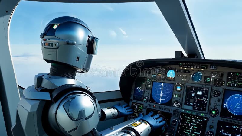Robot Pilot Flying Plane through Sunny Sky Stock Footage - Video of ...