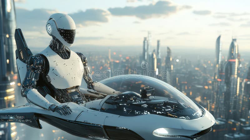 Robot Pilot Navigating Futuristic City Airship Stock Image - Image of ...