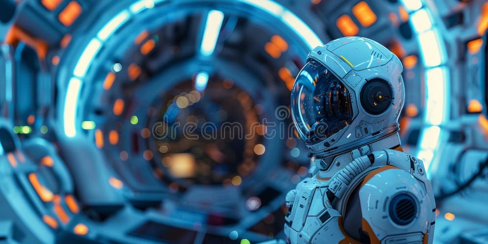 Robot Pilots a Spaceship in Space Stock Photo - Image of blue, module ...