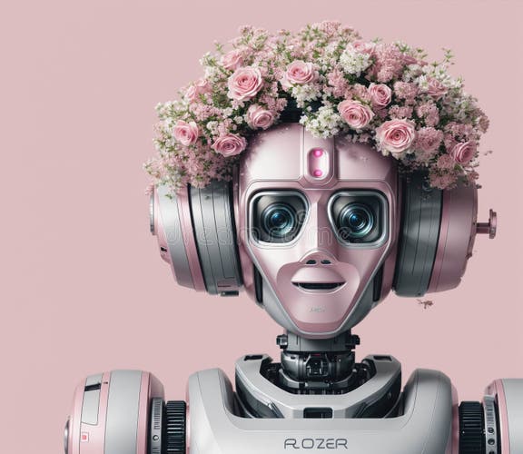 A Robot with Pink Flowers on Its Head Stock Photo - Image of woman ...