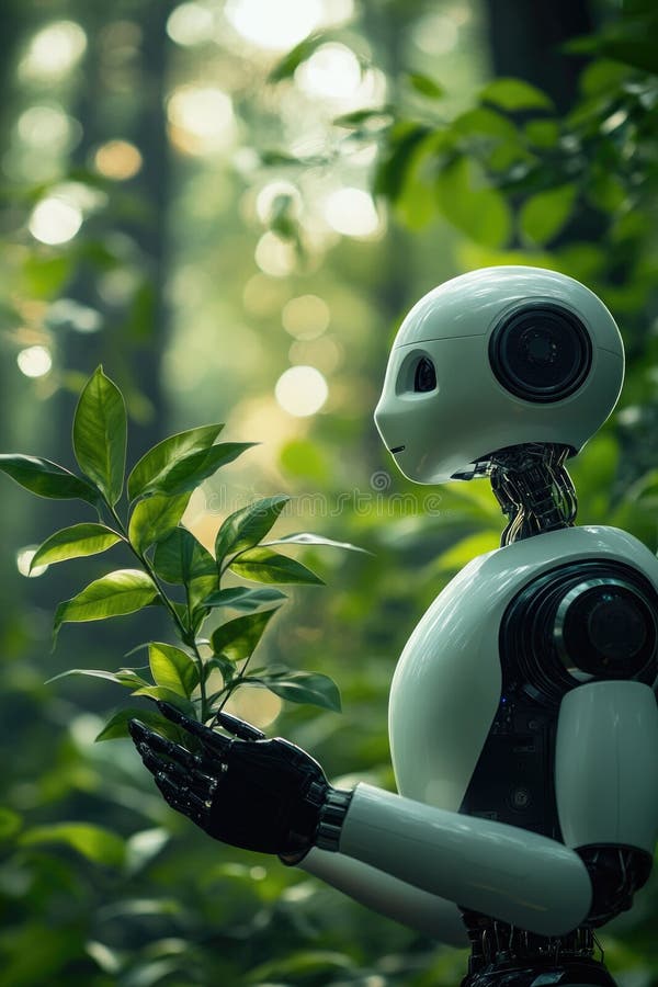 Robot with plant in forest stock photo. Image of learning - 379844246