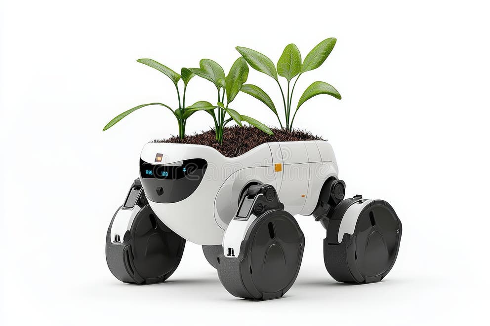 Robot Planter with Green Plants White Background Stock Illustration ...