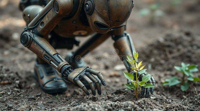 Robot Planting Seedling in Reforestation Project Stock Illustration ...