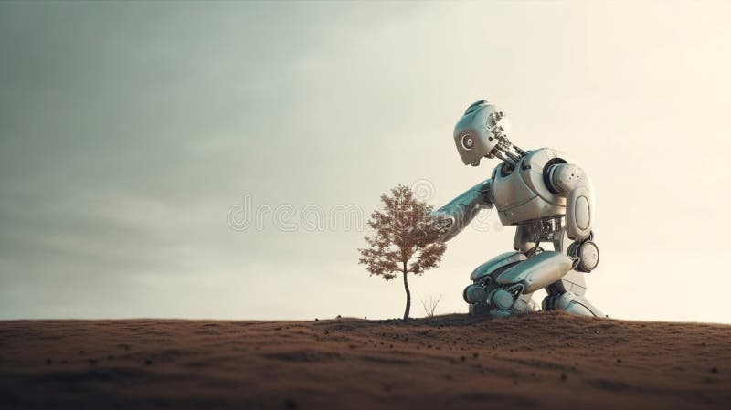 Robot Planting Small Tree Growing among Climate Change Stock ...