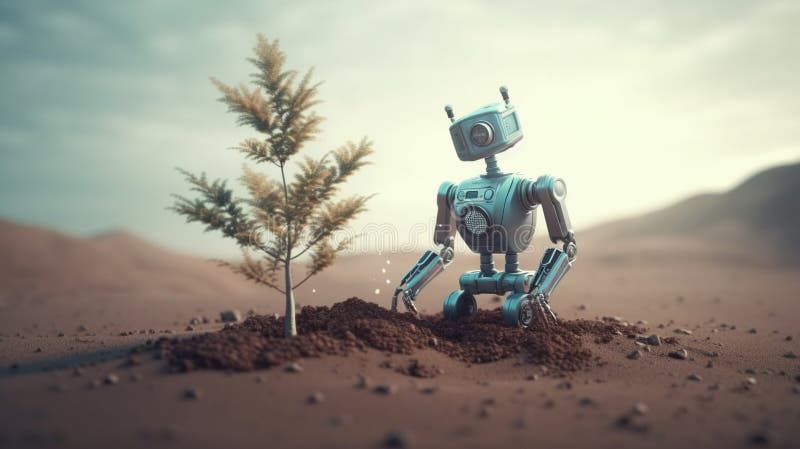 Robot Planting Small Tree Growing among Climate Change Stock ...