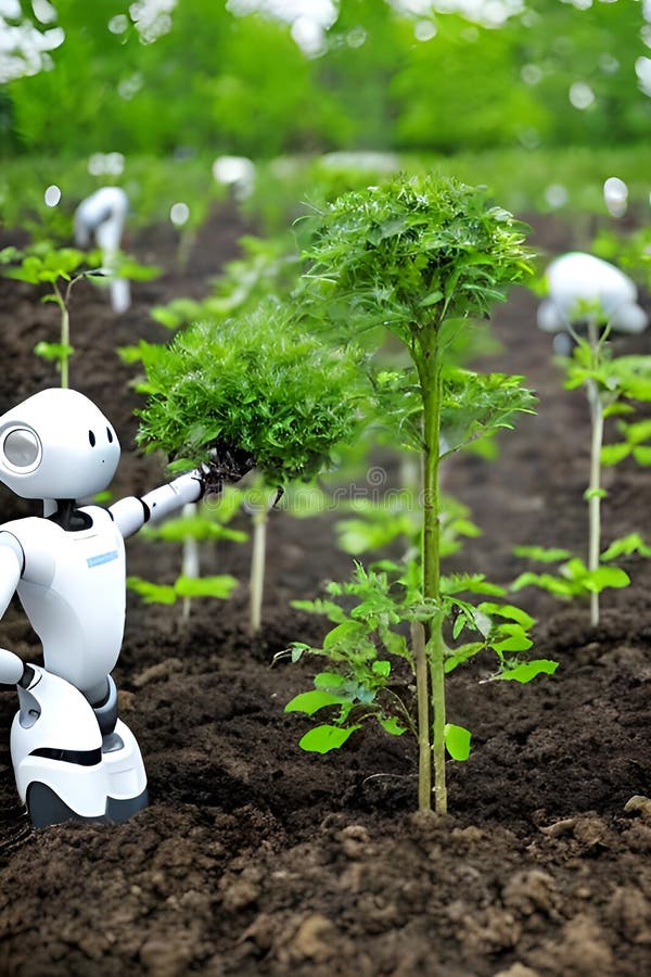 Robot Planting Saplings or Baby Tress Stock Illustration - Illustration ...