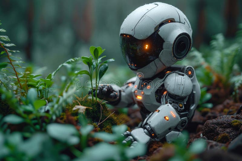 Robot is Planting Tree in the Forest Stock Photo - Image of mechanical ...