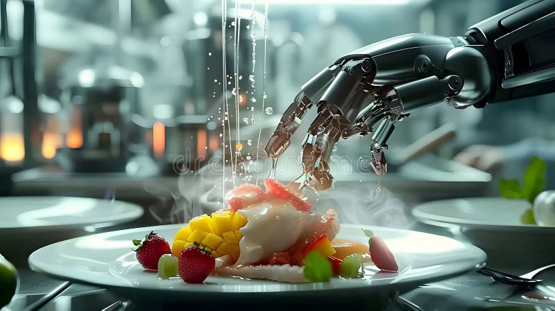 Robot Plating an Artistic Dessert in a Modern Kitchen Stock ...