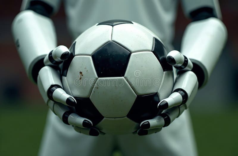 Robot Player Artificial Intelligence Hold Soccer Ball in Hands. AI ...