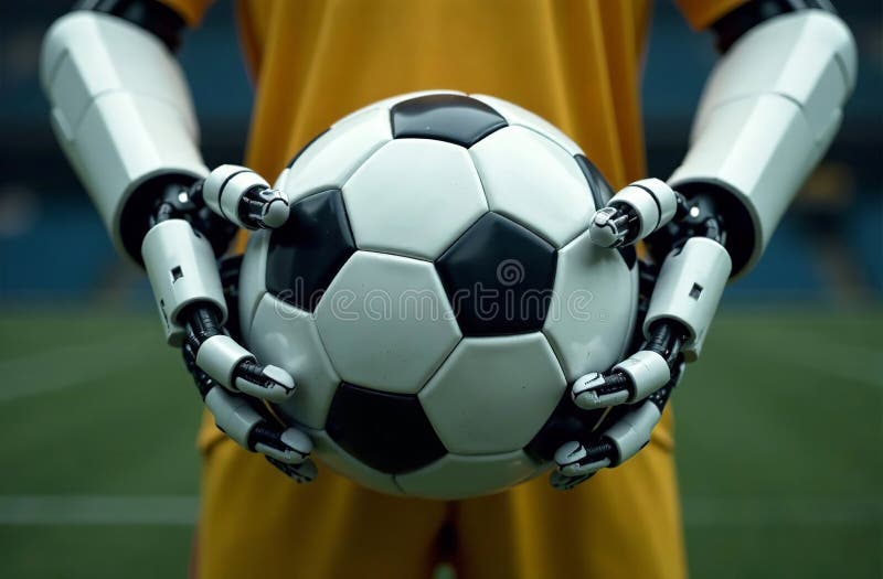 Robot Player Artificial Intelligence Hold Soccer Ball in Hands. AI ...