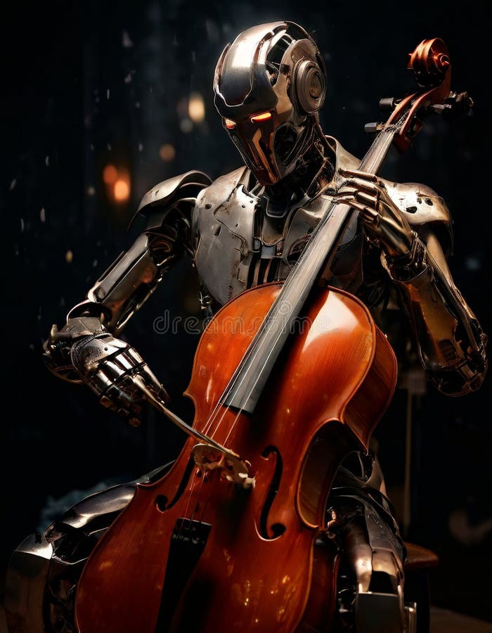 Robot Playing Cello in a Dark, Atmospheric Setting Stock Image - Image ...