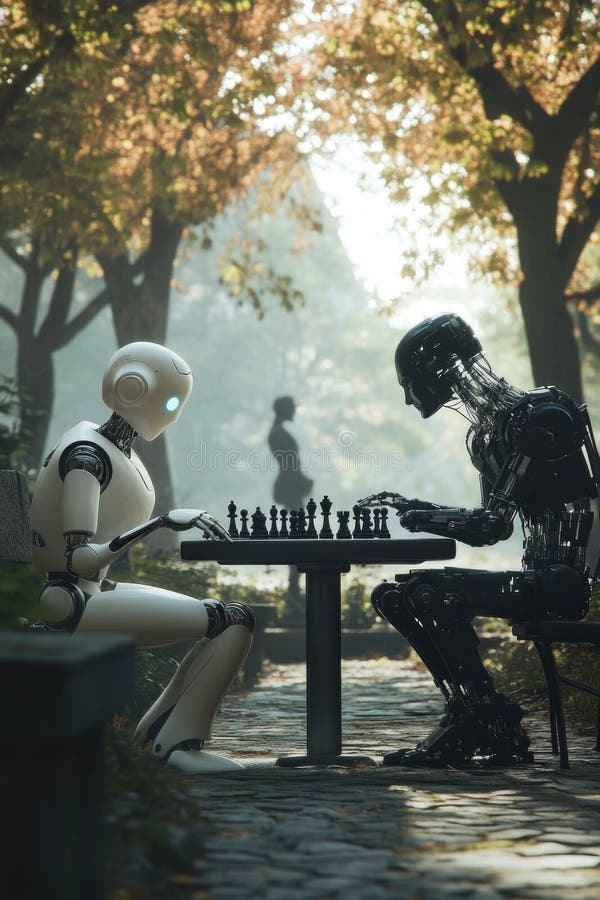 A Robot is Playing Chess with Another Robot at a Table, Focused on the ...
