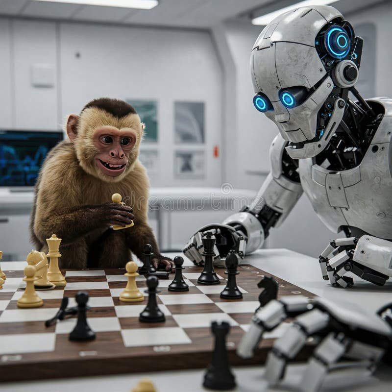 Robot Playing Chess with a Monkey in the Laboratory. Stock Image - Image of artificial, contrast ...