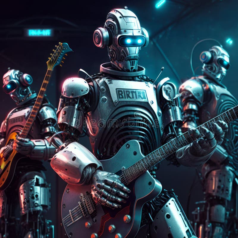 Robot Playing Guitar while Another Robot Plays Guitar. Generative AI ...