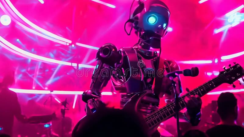 A Robot Playing a Bass Guitar in Front of a Crowd Stock Footage - Video ...