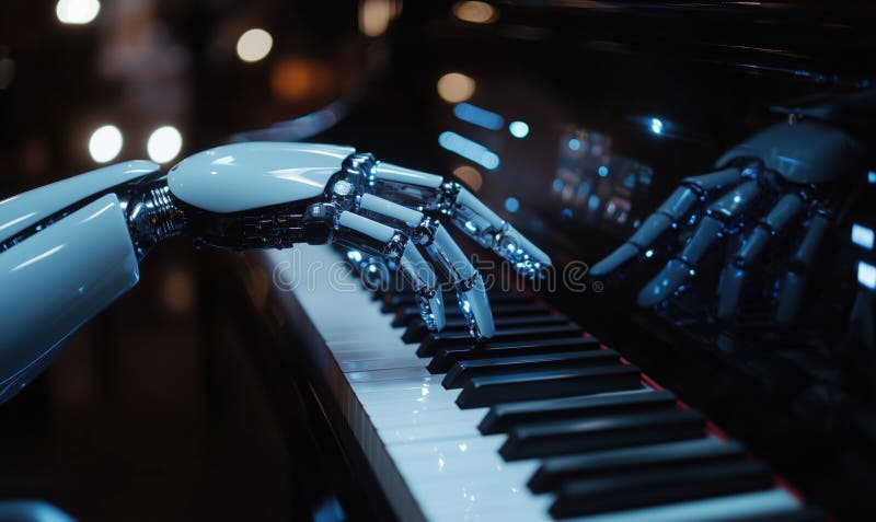 Robot Playing Piano in a Dimly Lit Environment Showcasing Advanced ...