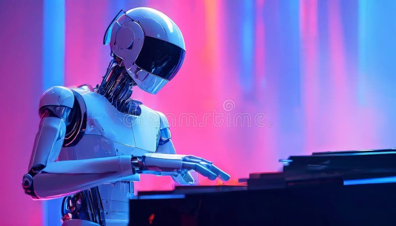 Robot Playing Piano on Stage Under Dramatic Lighting Stock Image ...