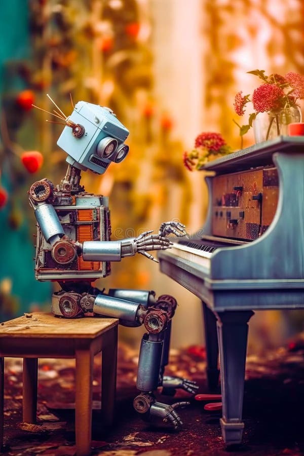Robot Playing Piano with Vase of Flowers in the Back Ground. Generative ...