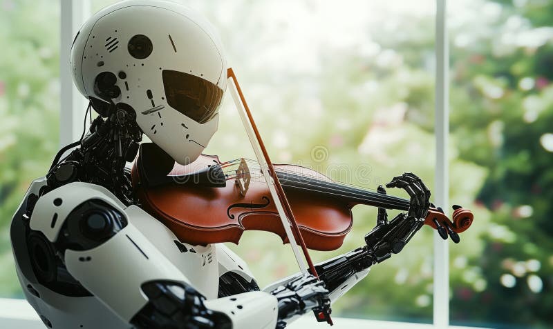 Robot Playing Violin in Bright Indoor Setting with Natural Light and ...