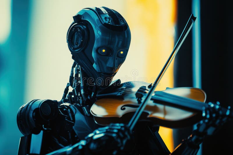 Robot Playing Violin in a Futuristic Setting with Bright Lighting Stock ...