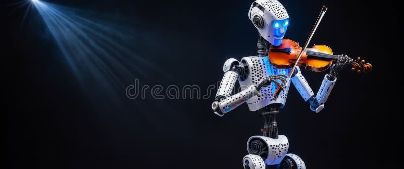 Robot Playing Violin Under Spotlight on Dark Stage Stock Photo - Image ...