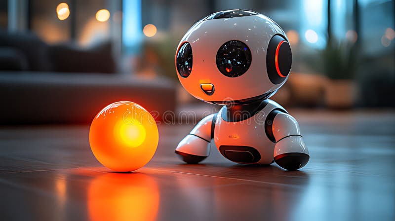 Robot Plays Glowing Ball in Modern Home Stock Illustration ...
