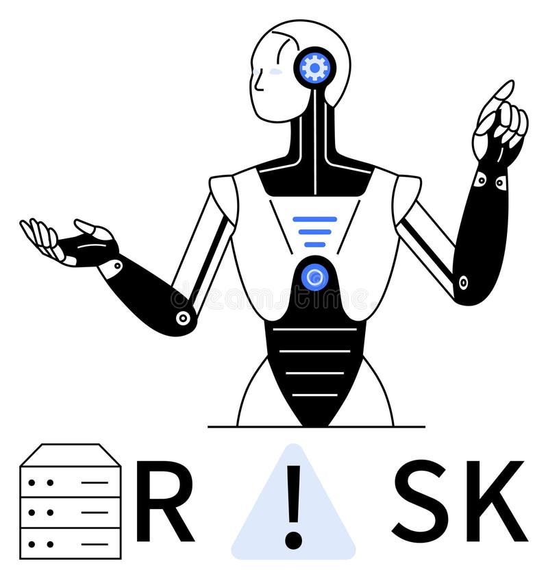 Robot Pointing To RISK Text with Warning Sign, Highlighting Technology ...