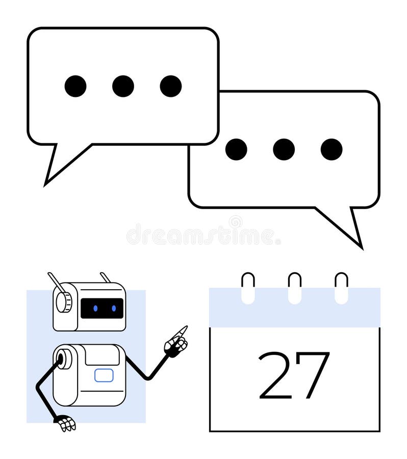 Robot Pointing To Calendar Date with Speech Bubbles Representing a ...