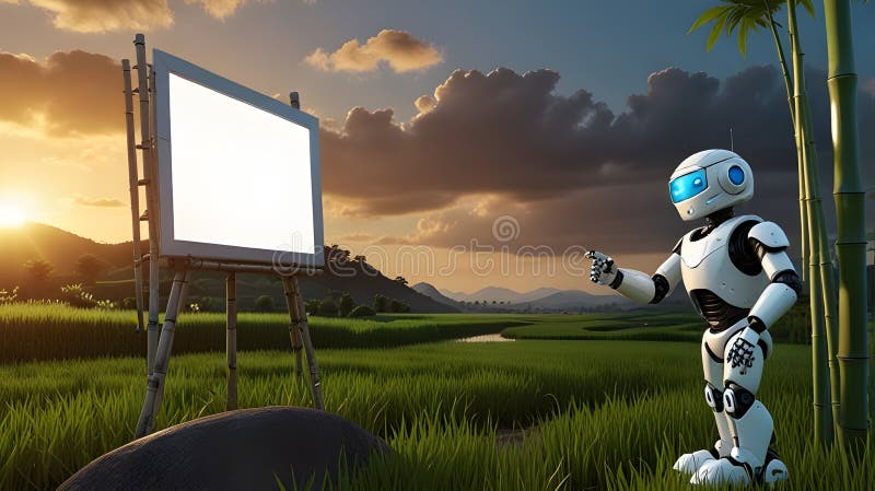 Robot Points at Blank Sign in Field Stock Illustration - Illustration ...