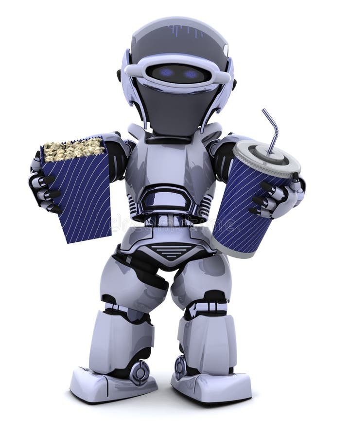 Robot with Pop Corn Bucket and Soda Stock Image - Image of soda ...