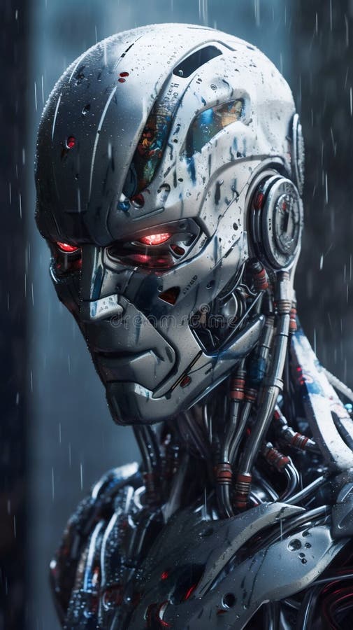 Robot Portrait in the Rain. Generative AI Stock Illustration ...