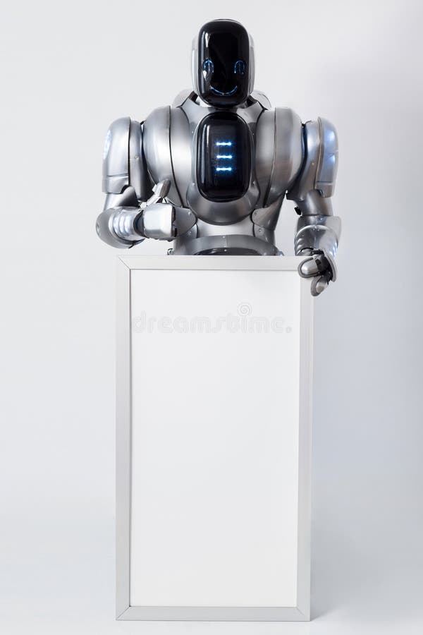 Robot Positivo Que Sostiene El Letrero Blanco Imagen de archivo ...